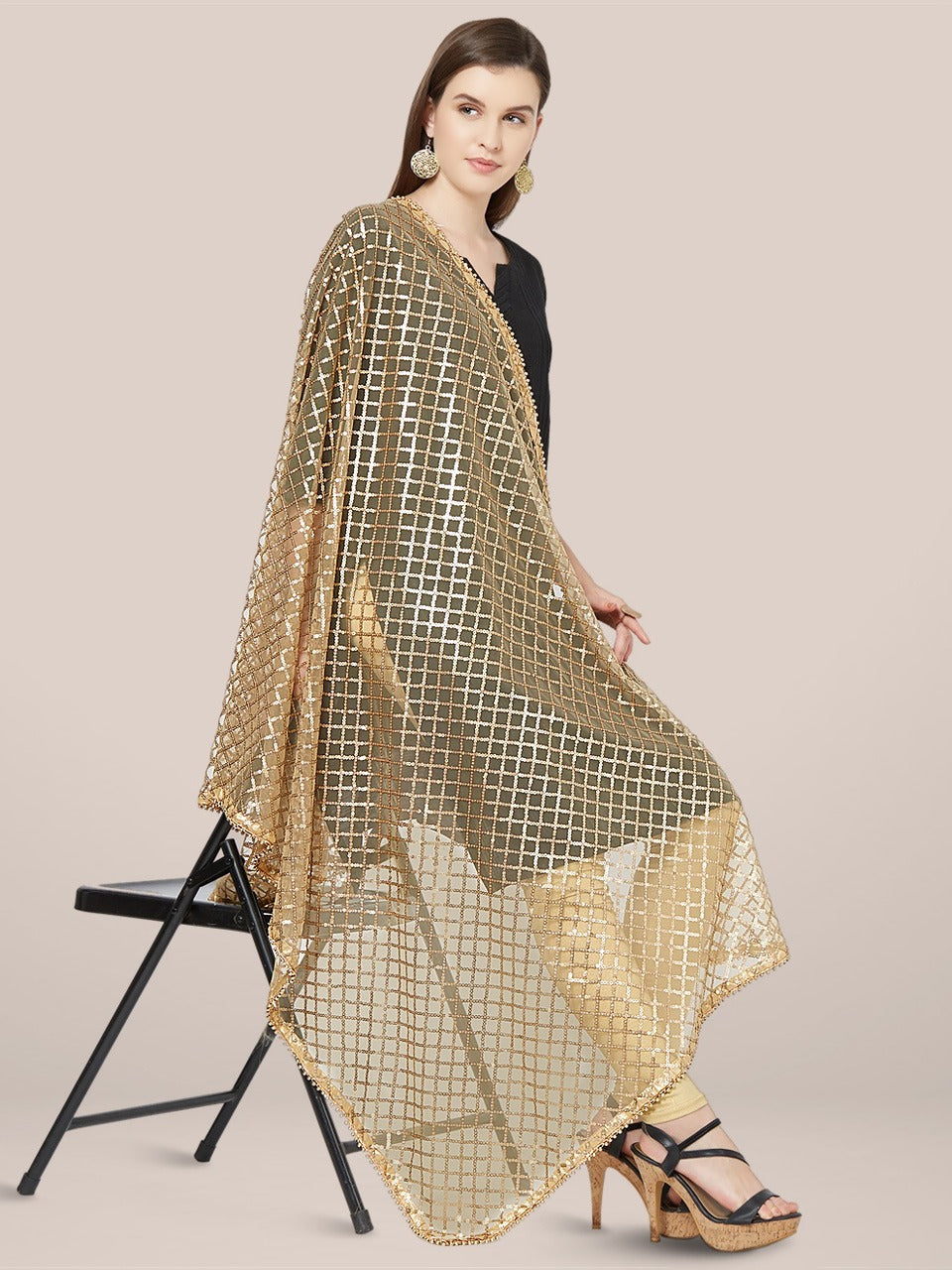 Embellished Gold Net Dupatta. Dupatta Bazaar