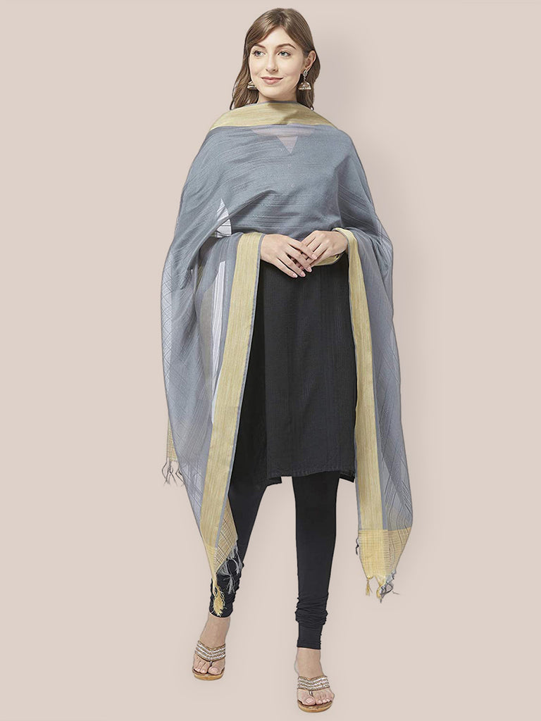 Grey Cotton Silk Dupatta with Gold Border. Dupatta Bazaar