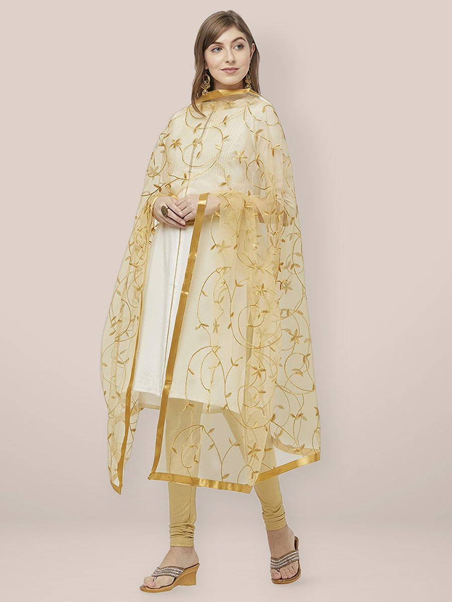 Floral Embroidered Gold Net Dupatta Dupatta Bazaar