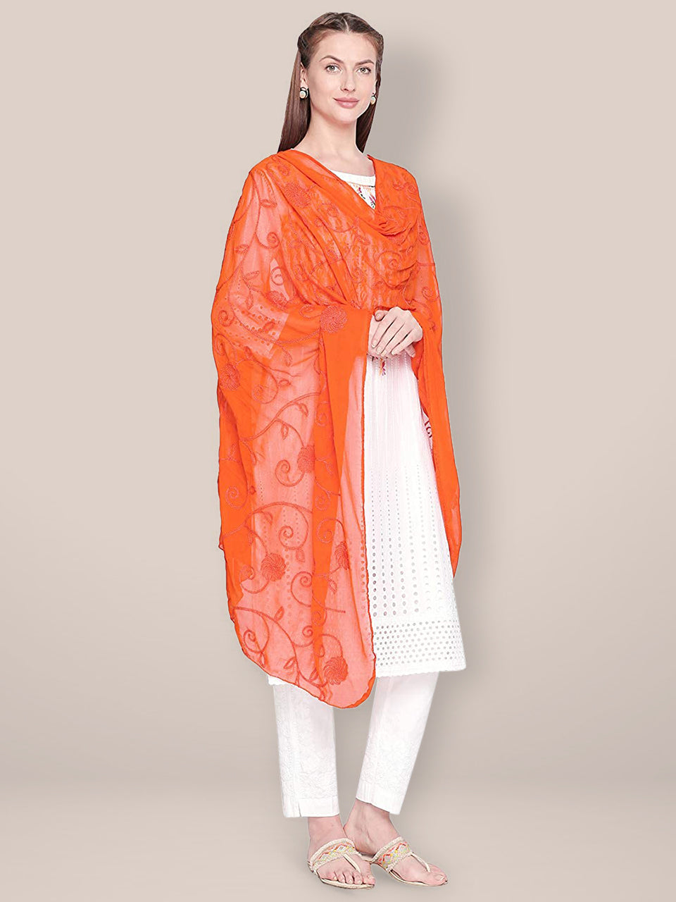 Embroidered Orange Chiffon Dupatta. Dupatta Bazaar