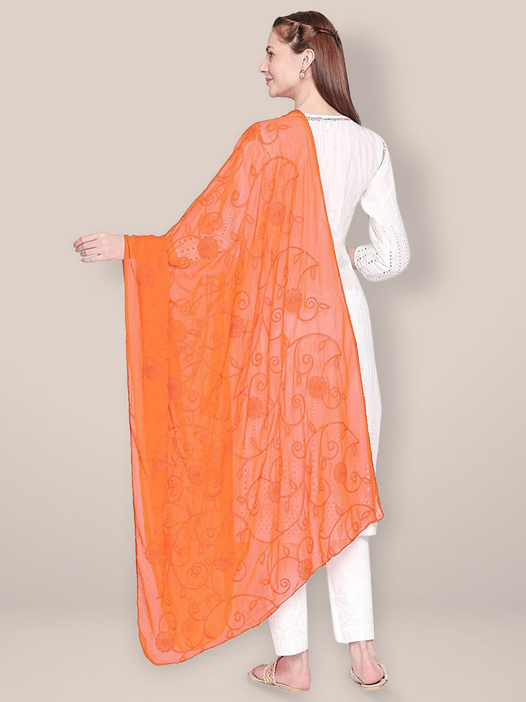 Embroidered Orange Chiffon Dupatta. Dupatta Bazaar