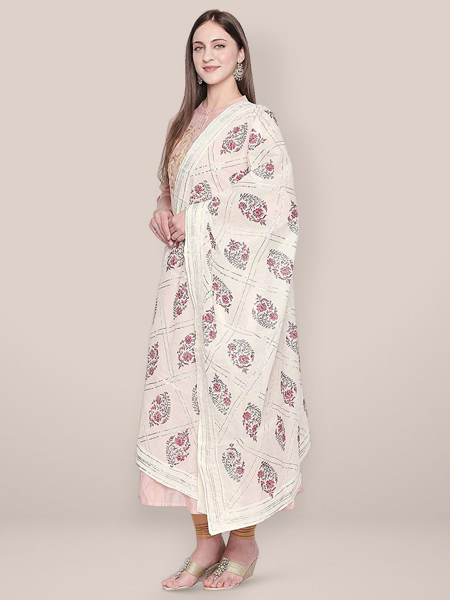 Block Printed Cotton Dupatta with Gold Gotta. Dupatta Bazaar