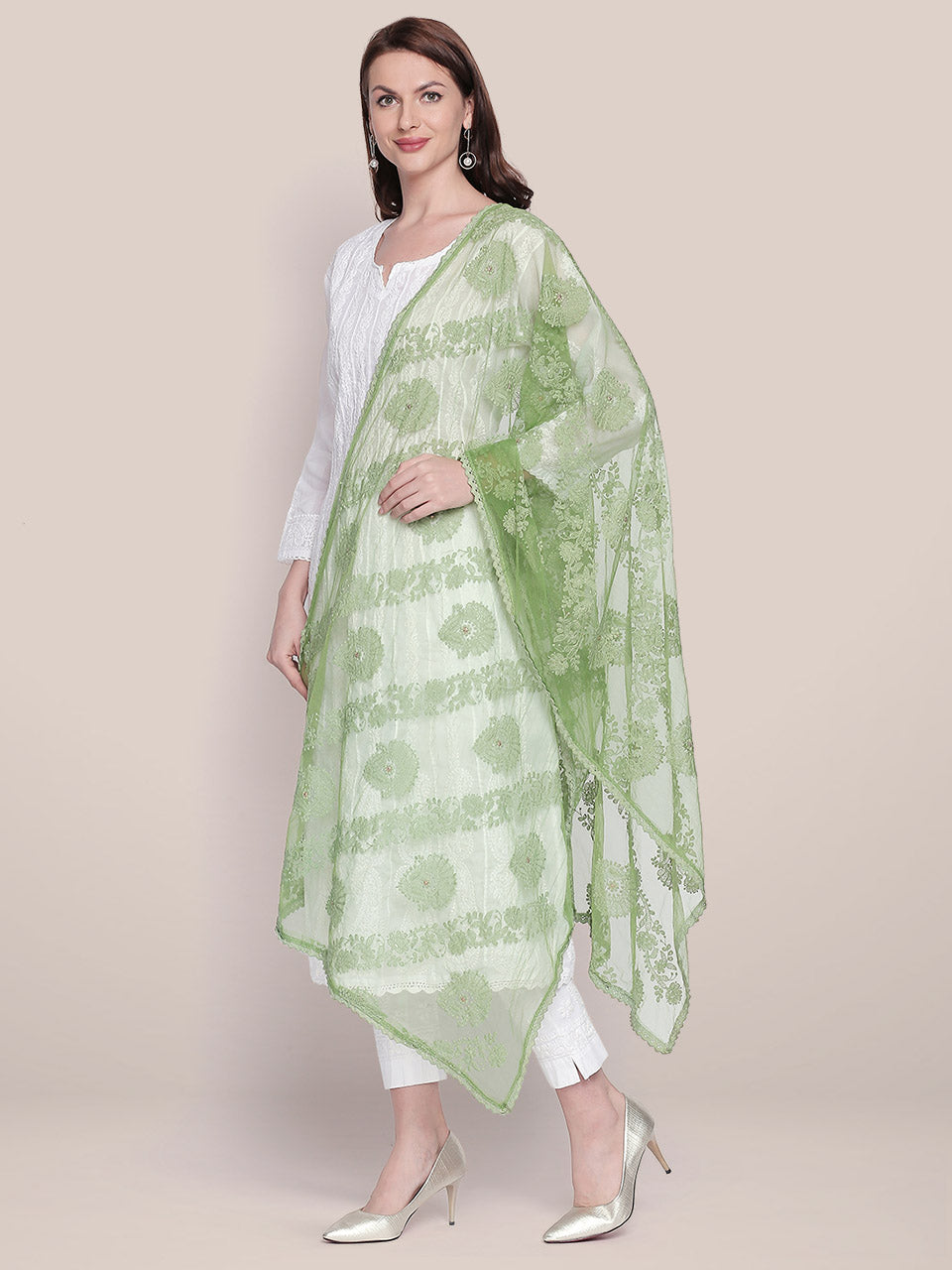 Lucknowi Embroidered Olive Green Net Dupatta Dupatta Bazaar