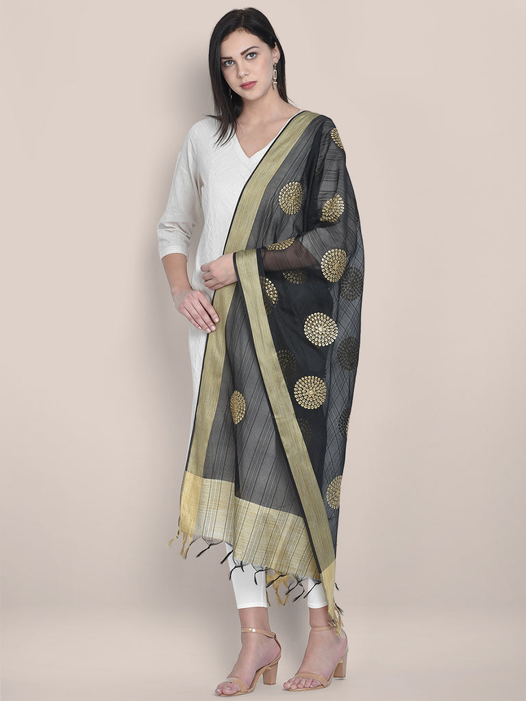 Dupatta Bazaar Woman's Embroidered Black & Gold Blended Silk dupatta ...