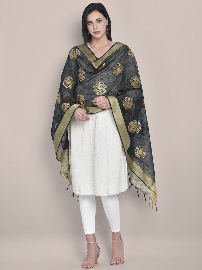 Dupatta Bazaar Woman's Embroidered Black & Gold Blended Silk dupatta ...