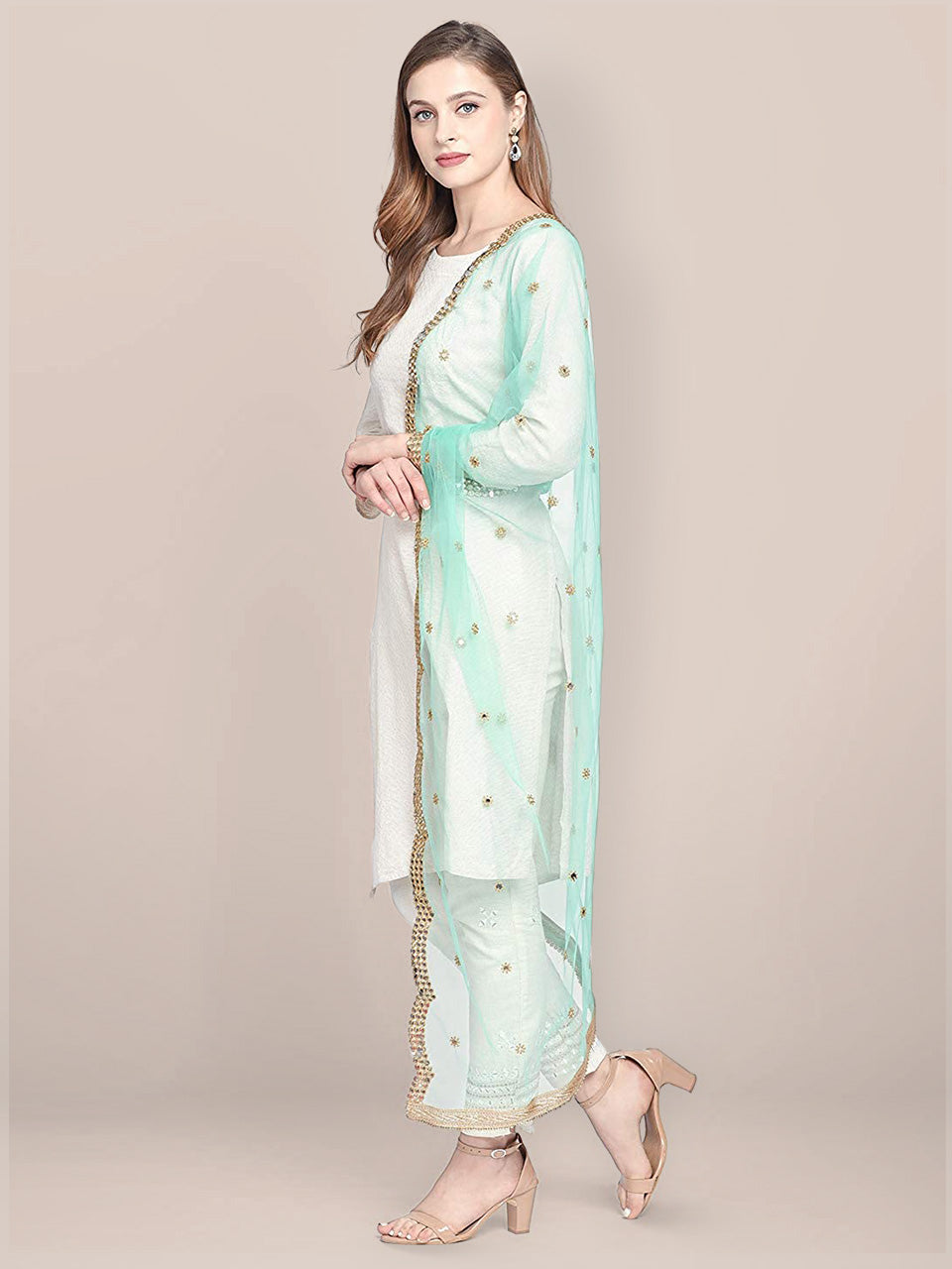 Embellished Sea Green Net Dupatta with Scallops. Dupatta Bazaar