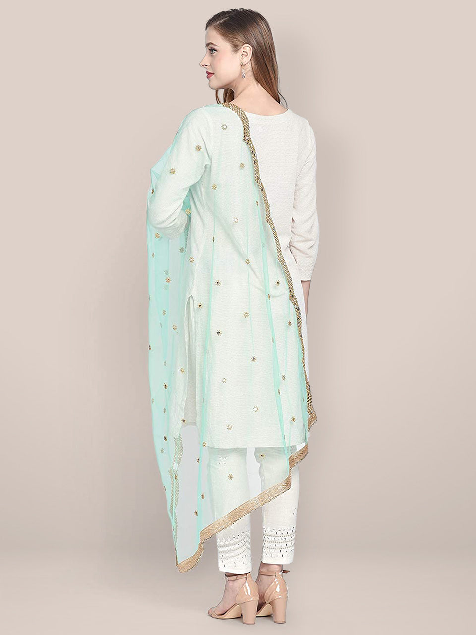 Embellished Sea Green Net Dupatta with Scallops. Dupatta Bazaar