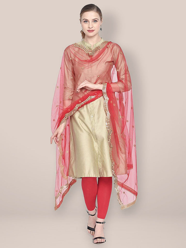 Embellished Red Net Dupatta with Scallops. Dupatta Bazaar