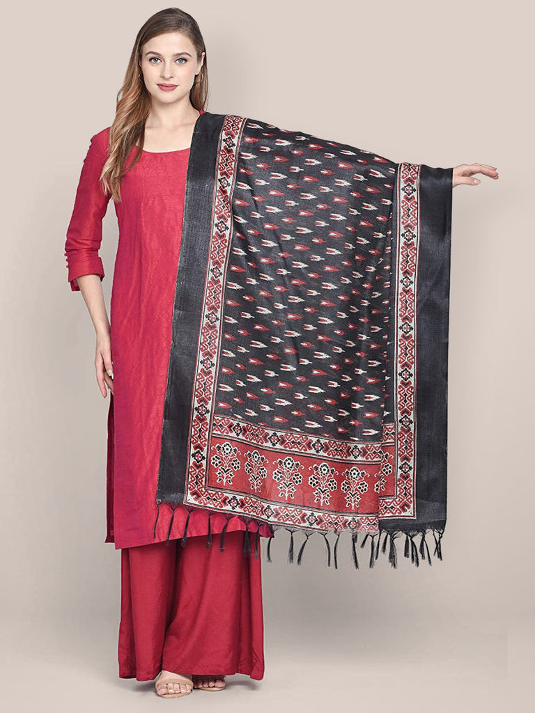 Printed Black & Red Art Silk Dupatta Dupatta Bazaar