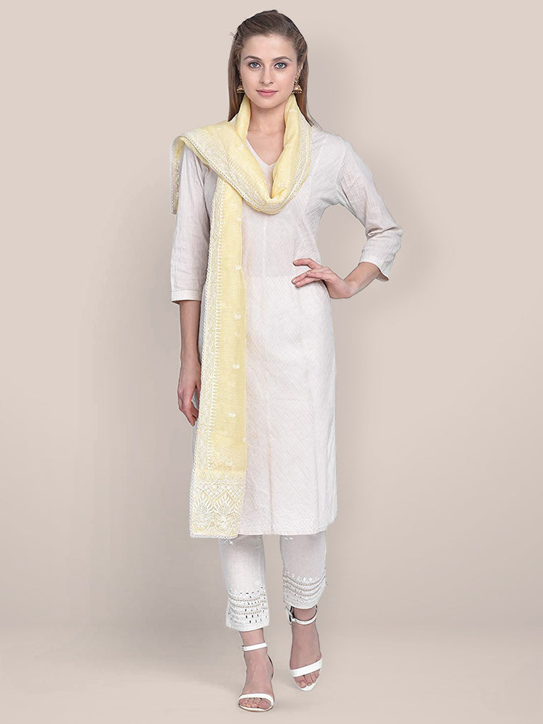 Embroidered Light Yellow Super Net Dupatta. Dupatta Bazaar