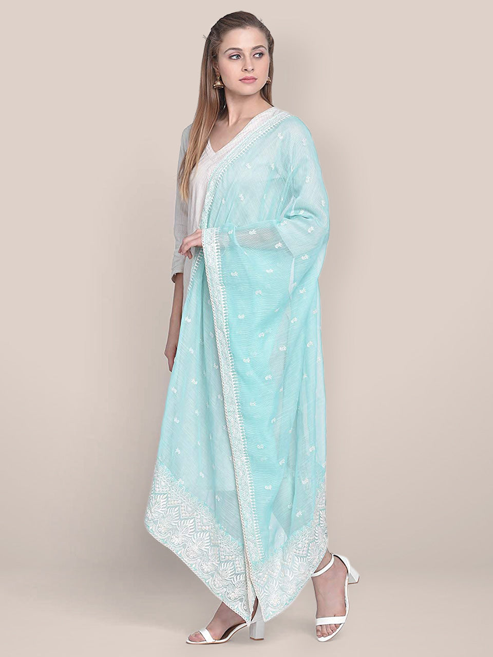 Embroidered Light Blue Super Net Dupatta. Dupatta Bazaar
