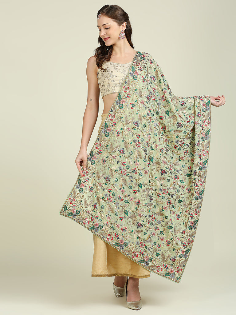 Pista Green Dupatta with Heavy Multicolour Embroidery – Dupatta Bazaar