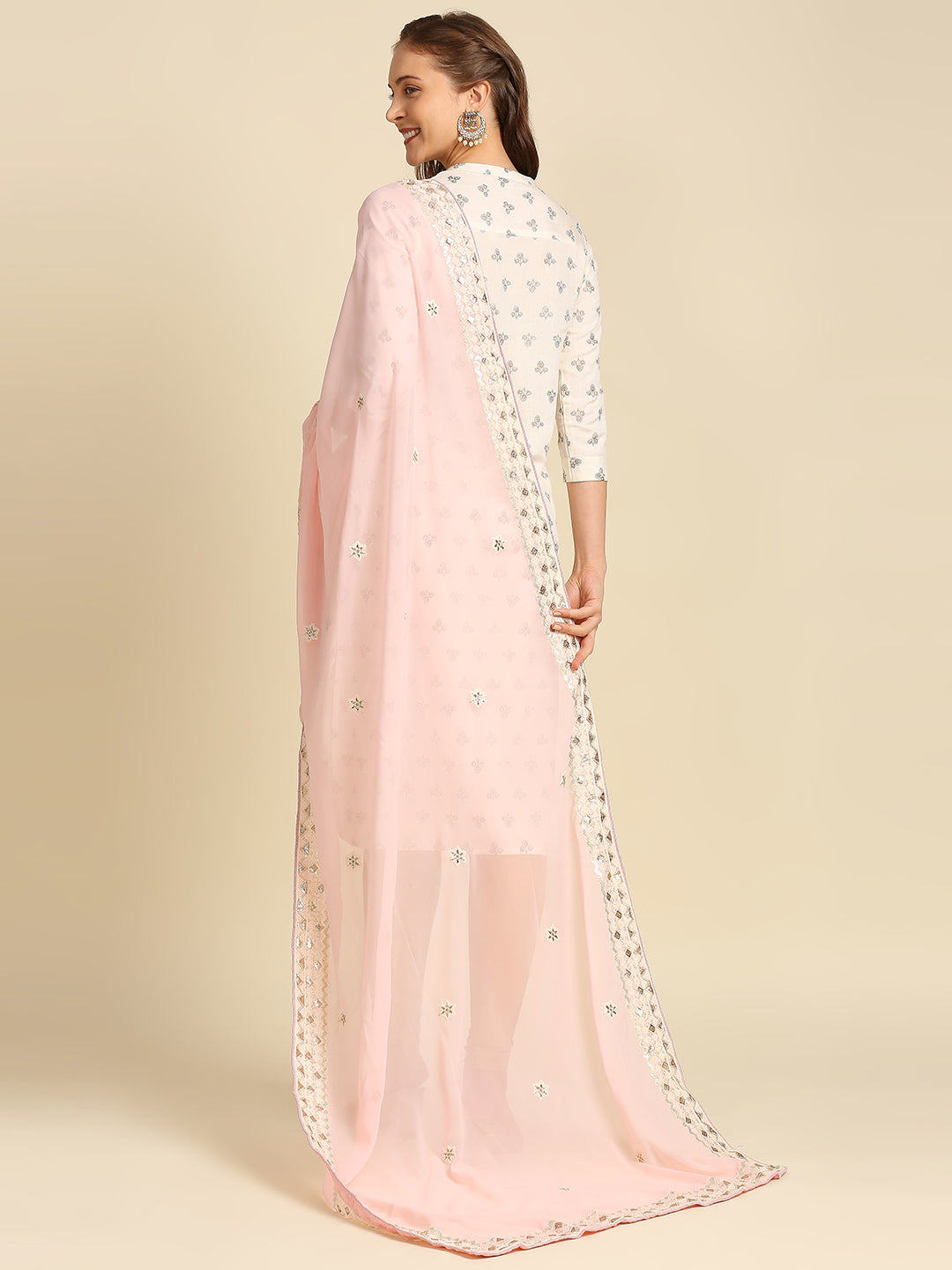 Light Peach Georgette Dupatta with Off White & Gold Embroidery ...