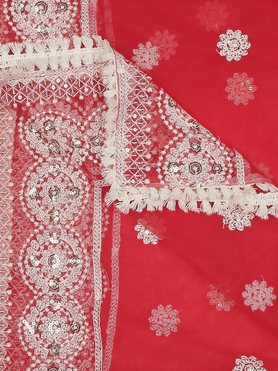Floral Embroidered Red Net dupatta with Delicate Sequence – Dupatta Bazaar