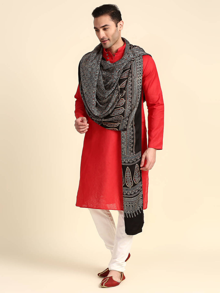 Dupatta Bazaar Men's Black Ajrakh Dupatta for Kurta/Sherwani/Achkan