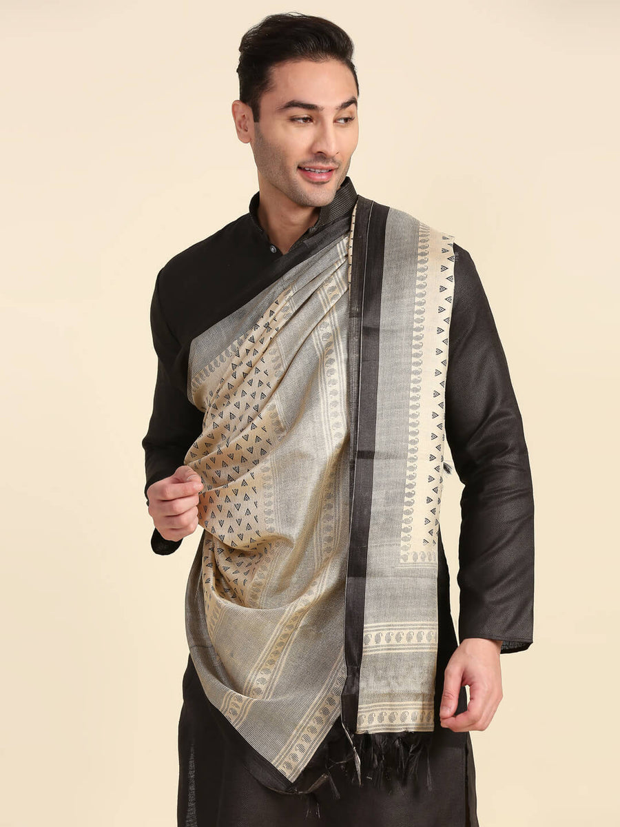 Men's Beige Printed Silk Dupatta for Kurta/Sherwani/Achkan – Dupatta Bazaar
