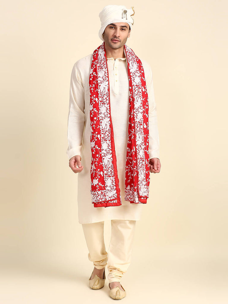 Men's Red & White Parsi Gara Work Dupatta for Kurta/Sherwani/Achkan ...