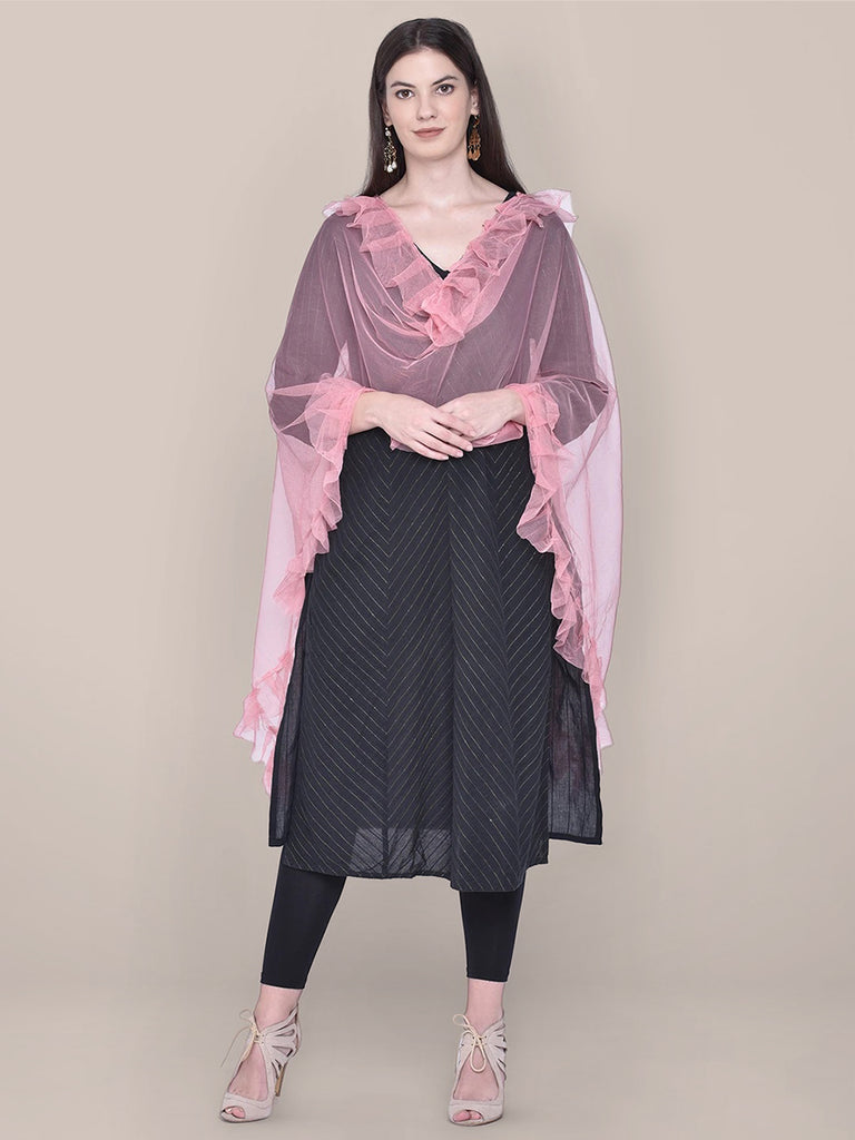 Dupatta Bazaar Woman's Onion Pink Net Dupatta with Ruffles Dupatta Bazaar