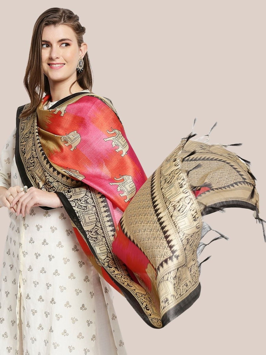 Ethnic Elephant Pink Printed Art Silk Dupatta – Dupatta Bazaar