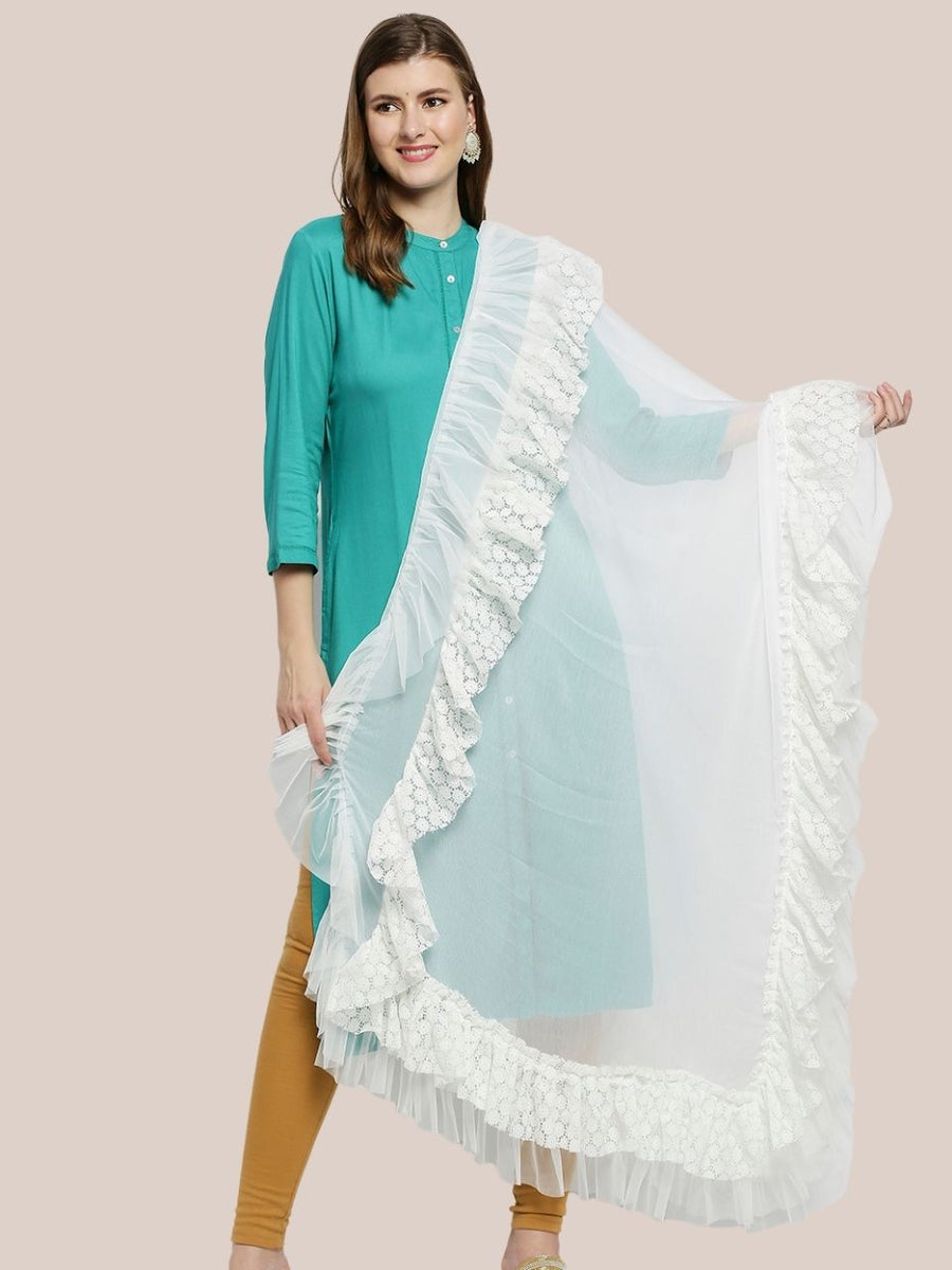 Chiffon dupatta with Net Ruffle Lace – Dupatta Bazaar