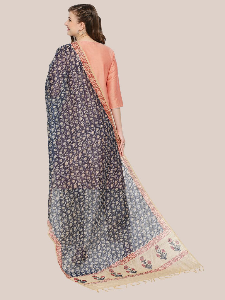 Navy Blue & Beige Hand Block Printed Chanderi Dupatta – Dupatta Bazaar