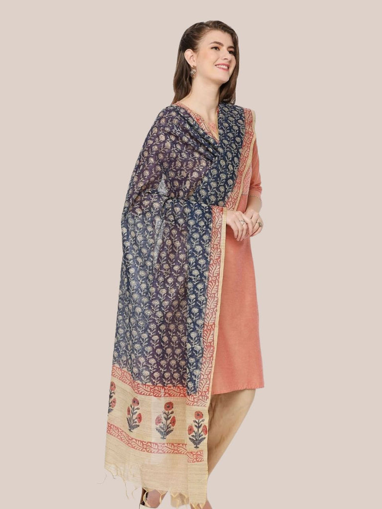 Navy Blue & Beige Hand Block Printed Chanderi Dupatta – Dupatta Bazaar