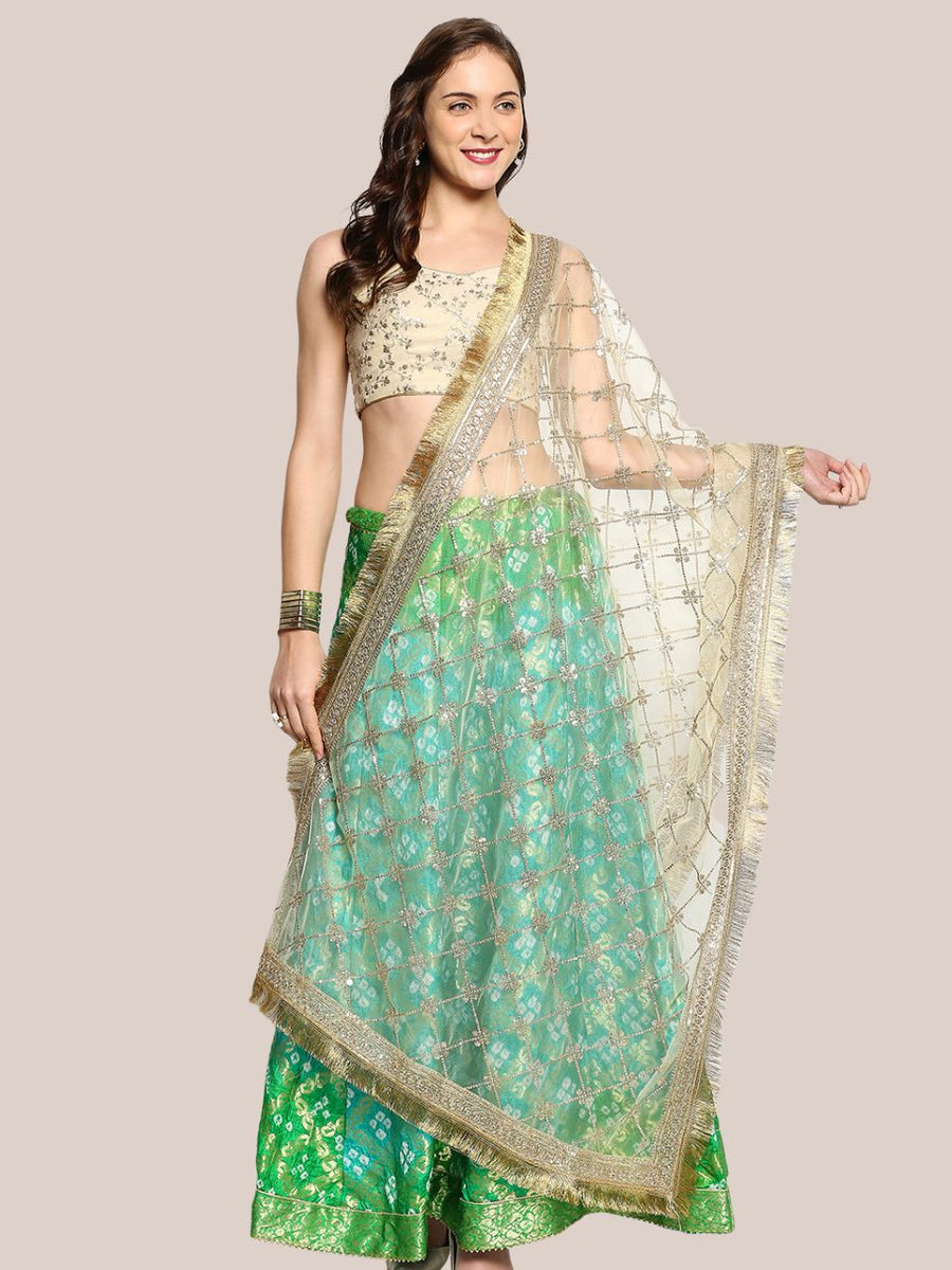 Embroidered Net Dupatta with Gold Jhalar Border – Dupatta Bazaar