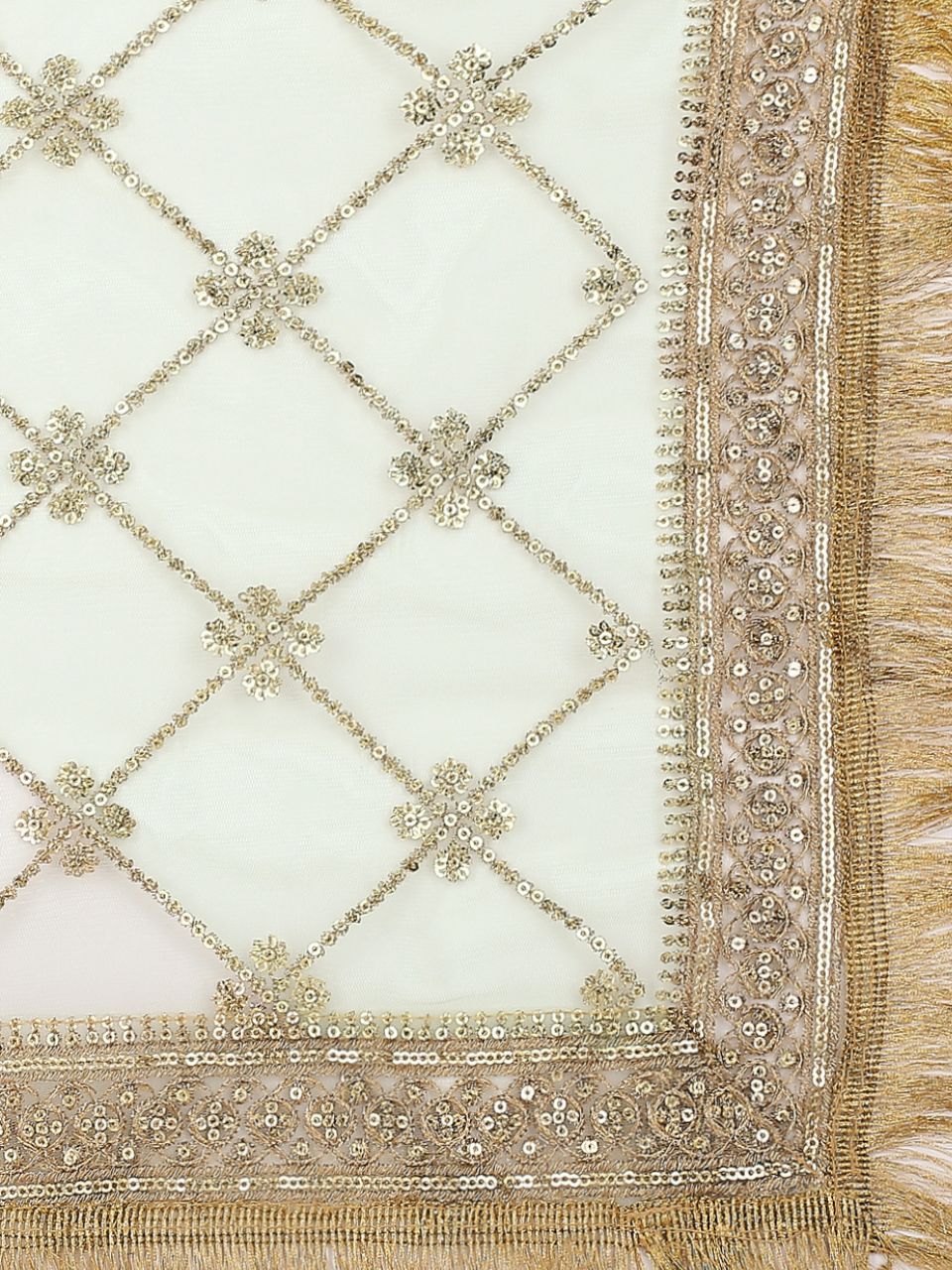 Pastel Green Embroidered Net Dupatta with Gold Sequins & Jhalar Border ...