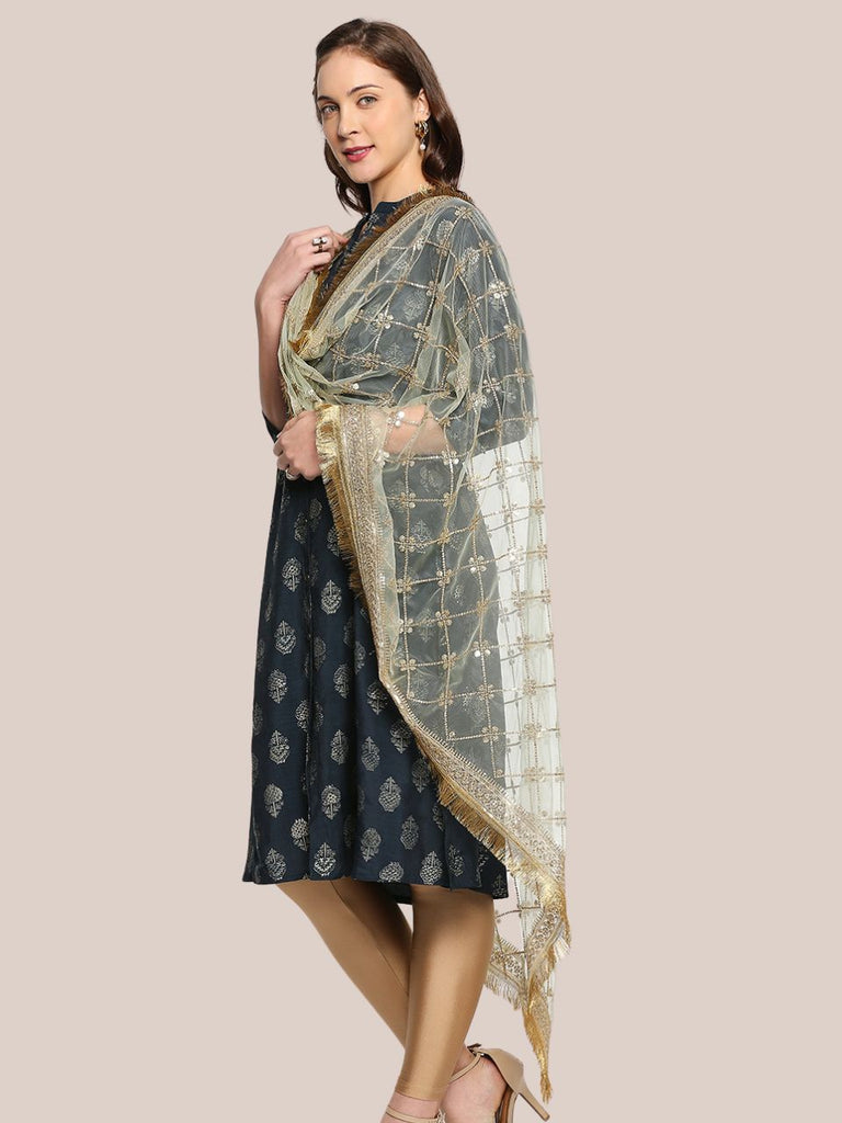 Pastel Green Embroidered Net Dupatta with Gold Sequins & Jhalar Border ...