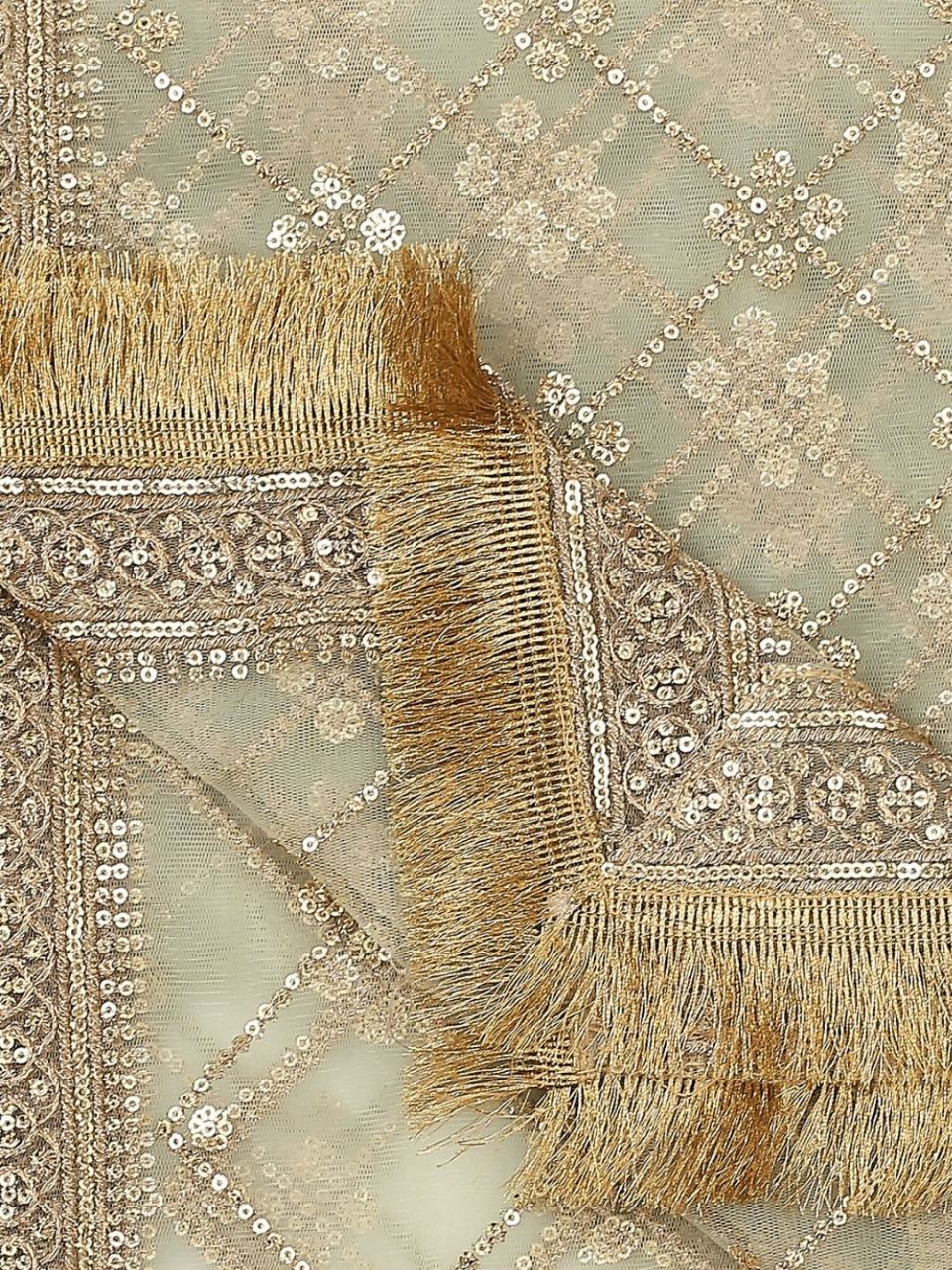 Pastel Green Embroidered Net Dupatta with Gold Sequins & Jhalar Border ...