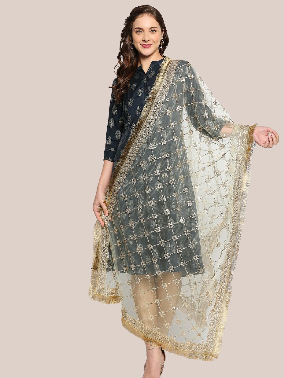 Pastel Green Embroidered Net Dupatta with Gold Sequins & Jhalar Border ...
