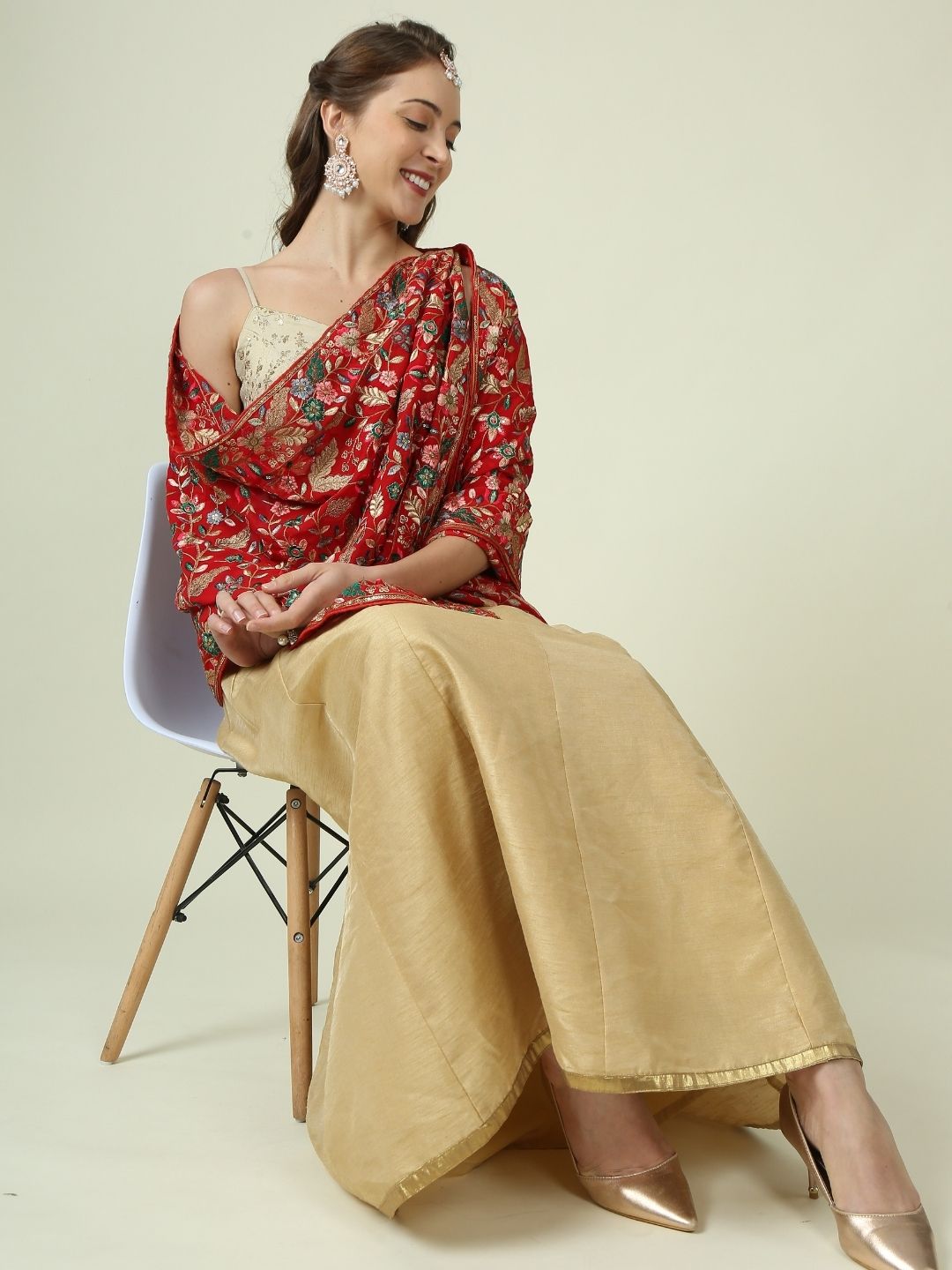 Red Dupatta with Heavy Multicolour Embroidery – Dupatta Bazaar