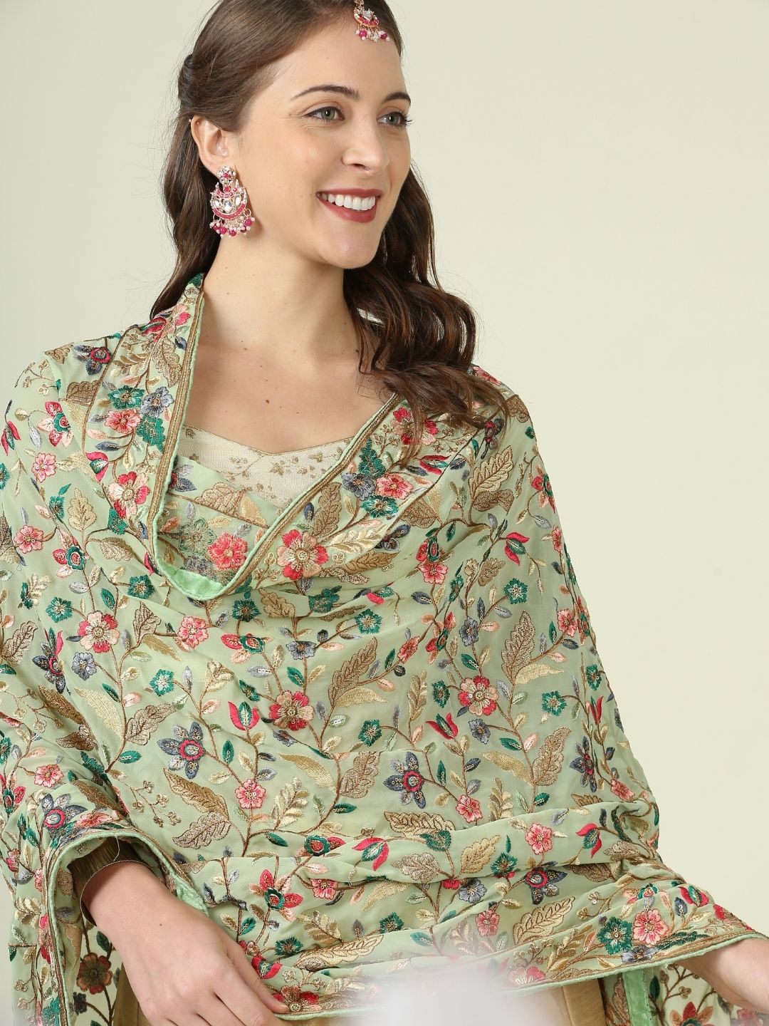 Pista Green Dupatta with Heavy Multicolour Embroidery – Dupatta Bazaar