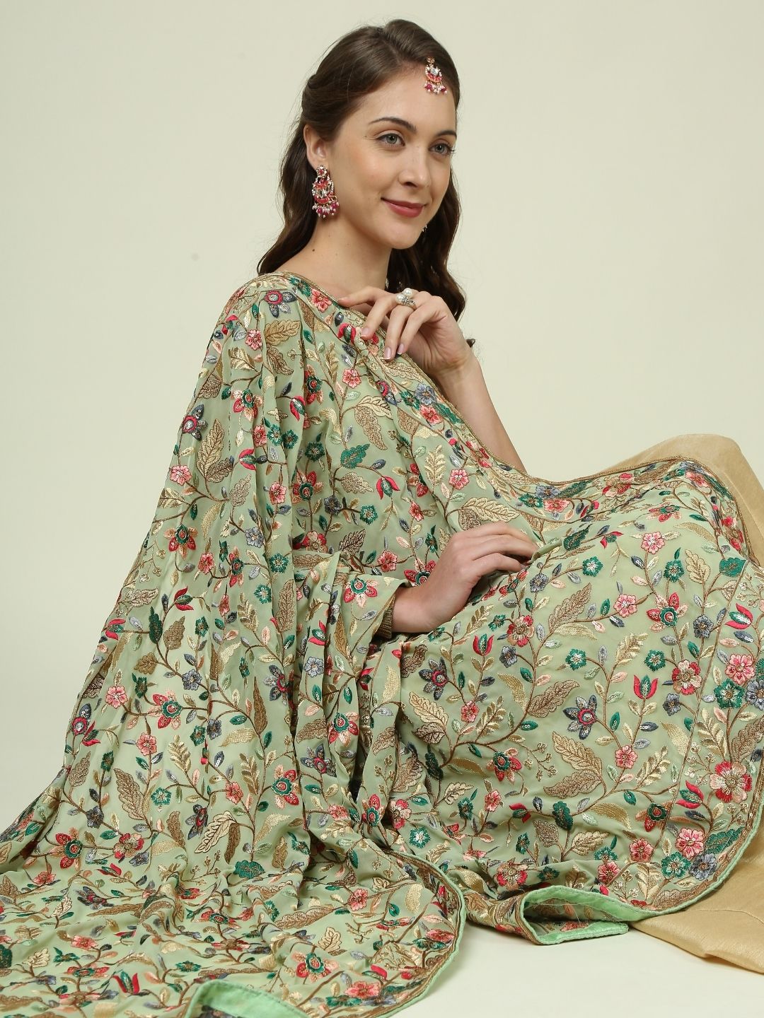 Pista Green Dupatta with Heavy Multicolour Embroidery – Dupatta Bazaar