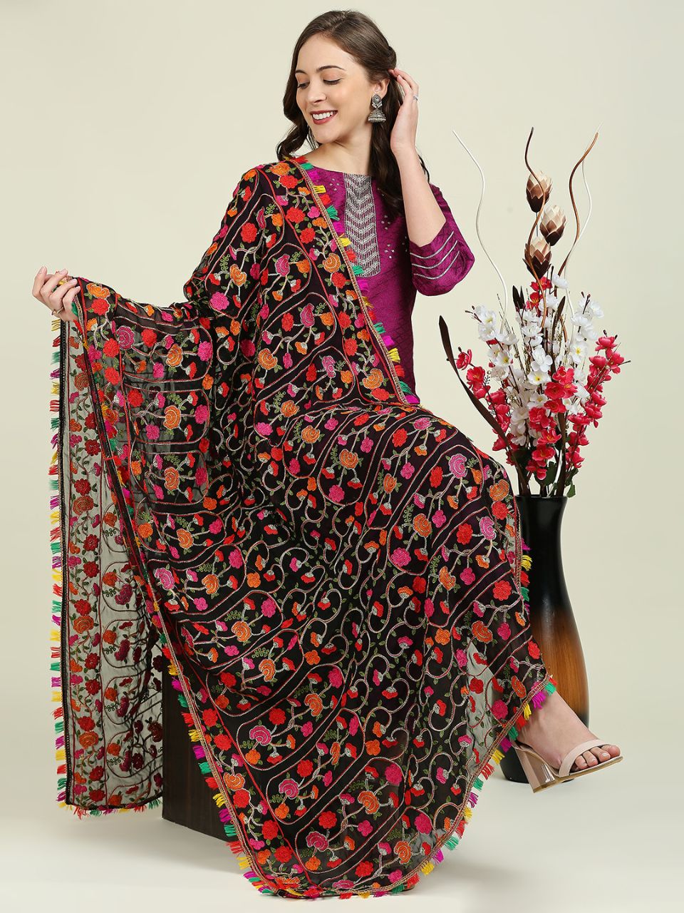 Georgette Dupatta with Multicolour Embroidery all over – Dupatta Bazaar