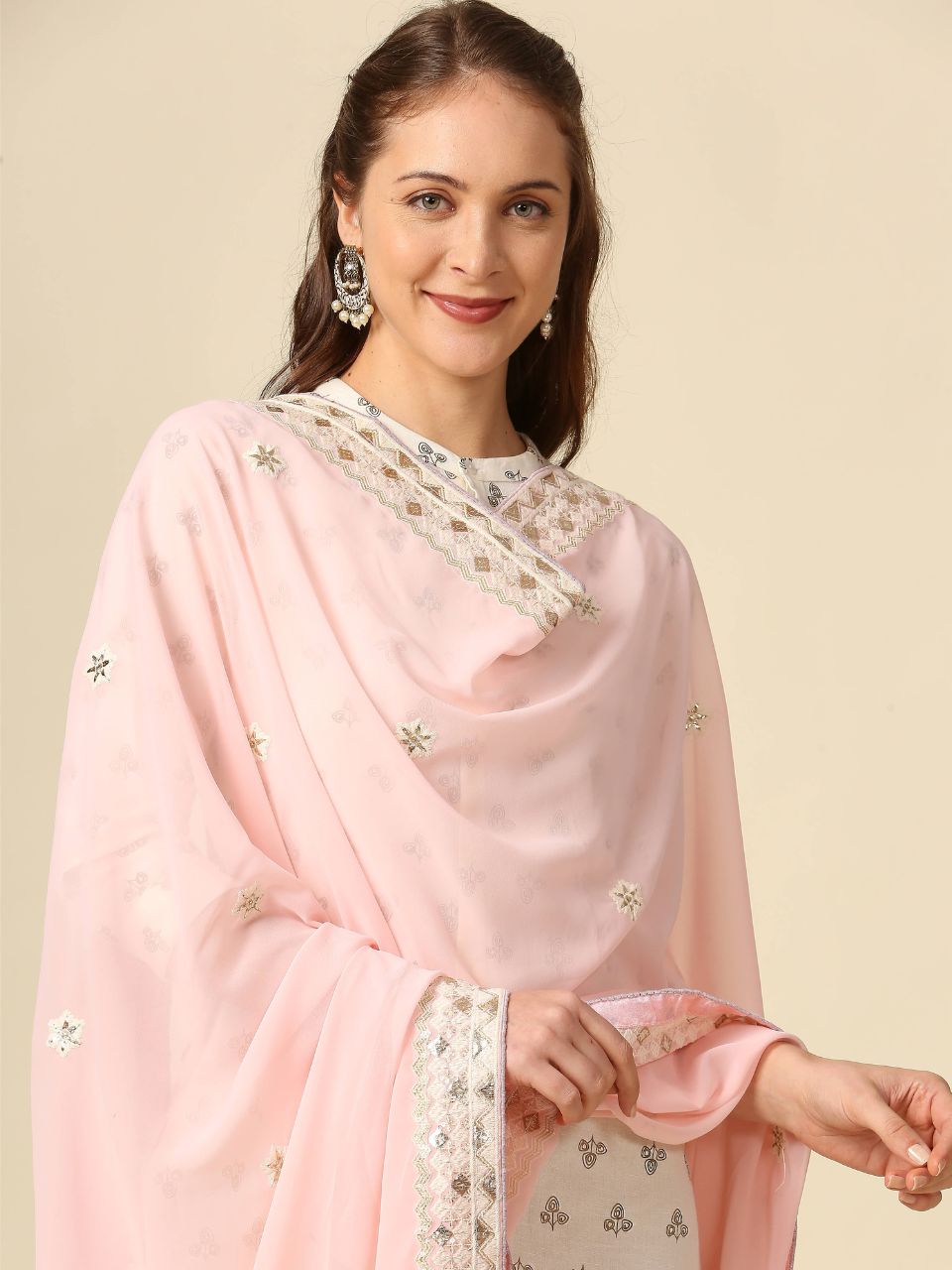 Light Peach Georgette Dupatta with Off White & Gold Embroidery ...