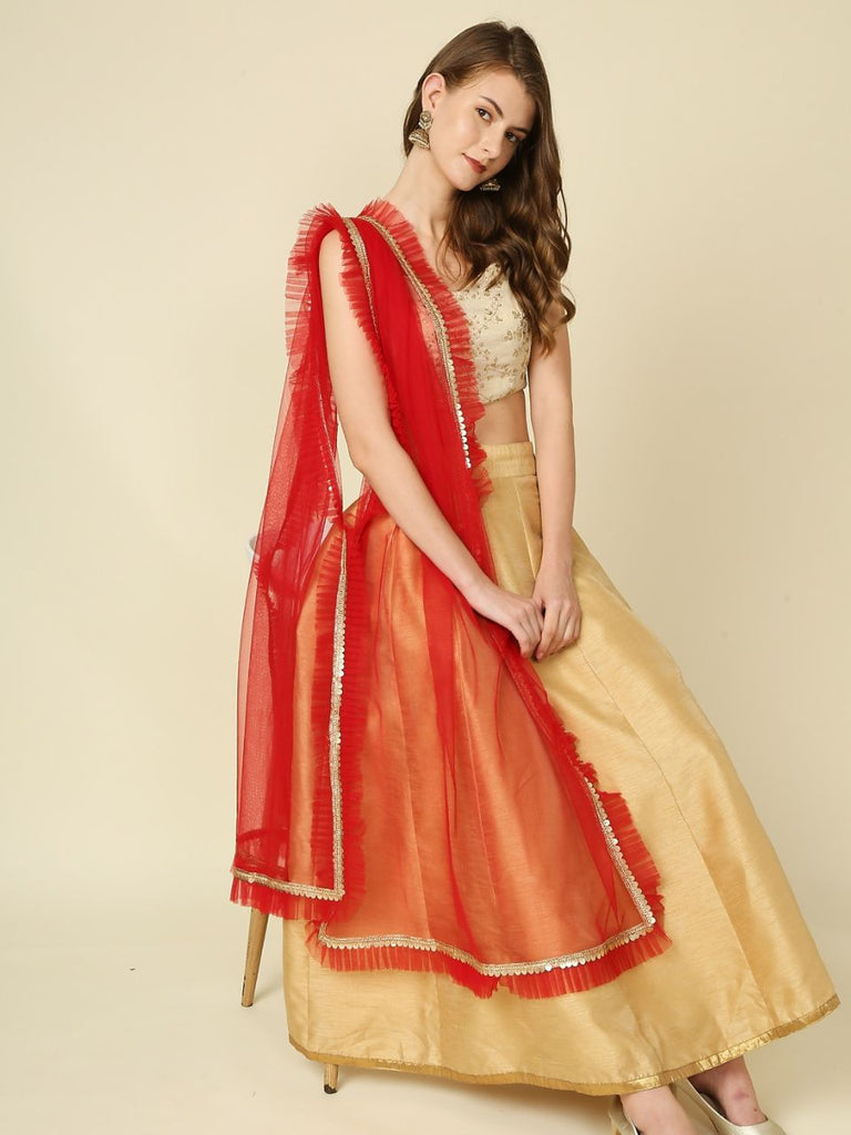 Embellished Red Net Dupatta with Ruffle Lace – Dupatta Bazaar