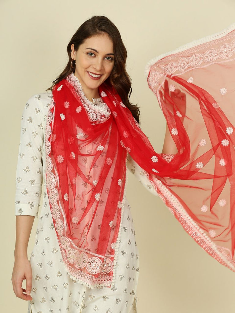 Floral Embroidered Red Net dupatta with Delicate Sequence – Dupatta Bazaar