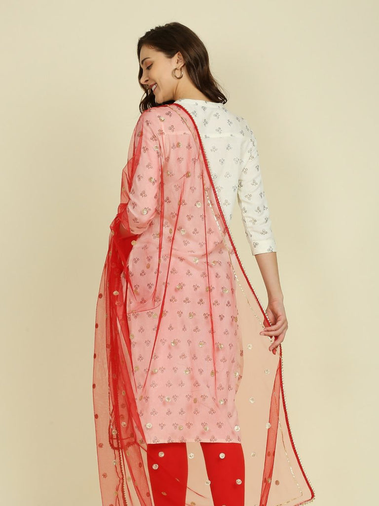 Floral Embroidered Red Net dupatta with Delicate Sequence – Dupatta Bazaar
