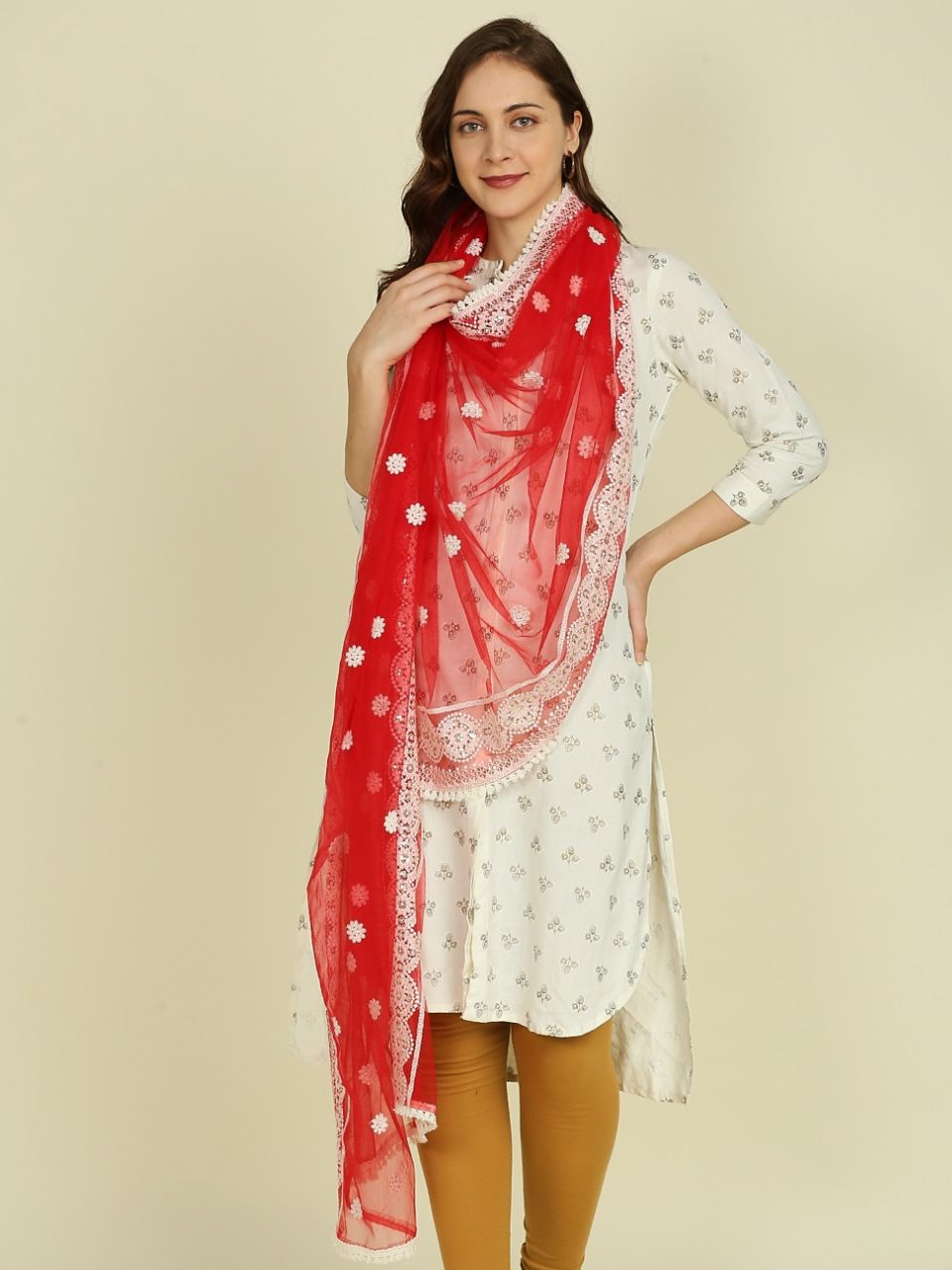 Floral Embroidered Red Net dupatta with Delicate Sequence – Dupatta Bazaar