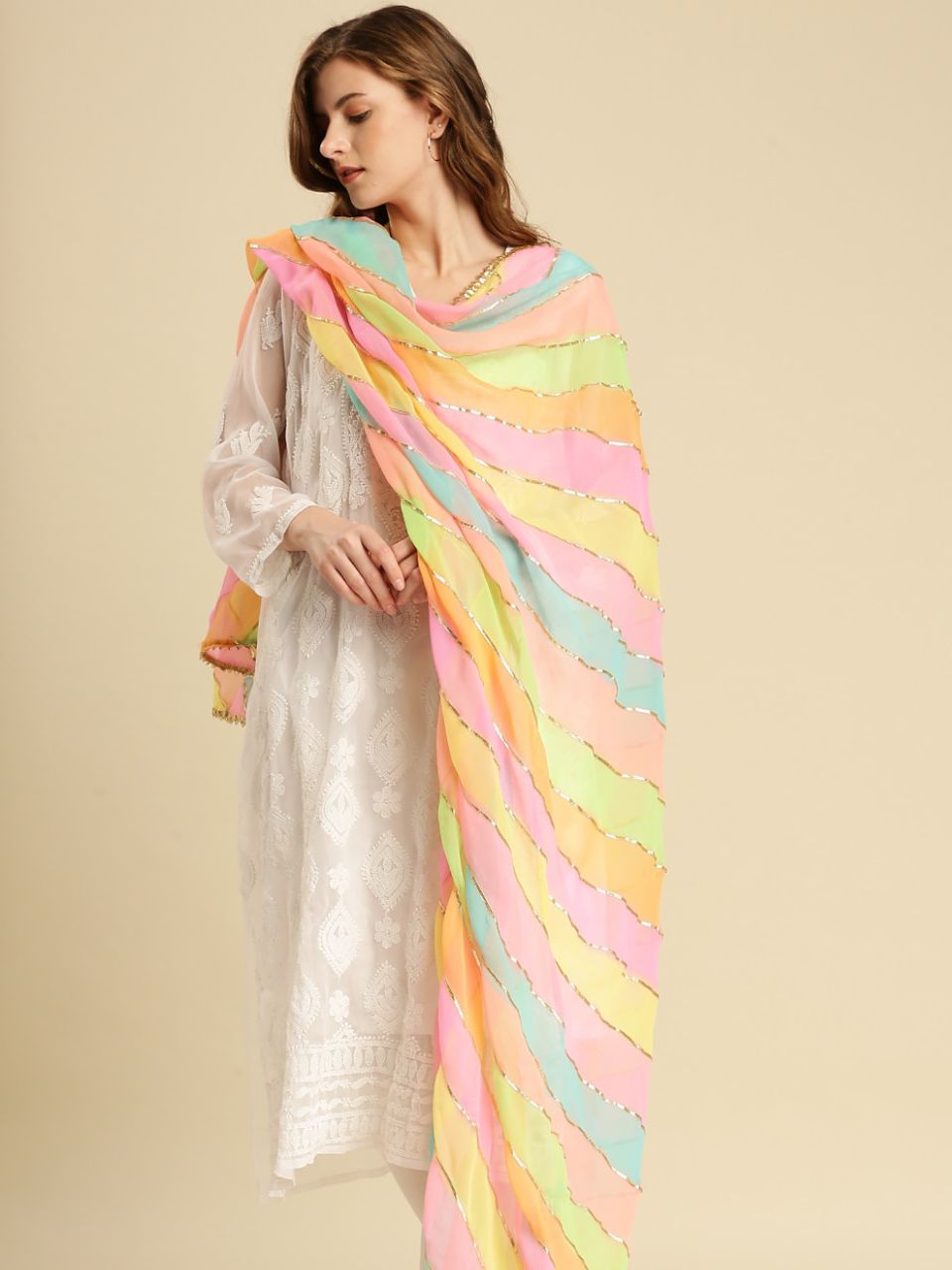 Georgette dupatta with Multi Colour Stripes and Gotta Patti border ...
