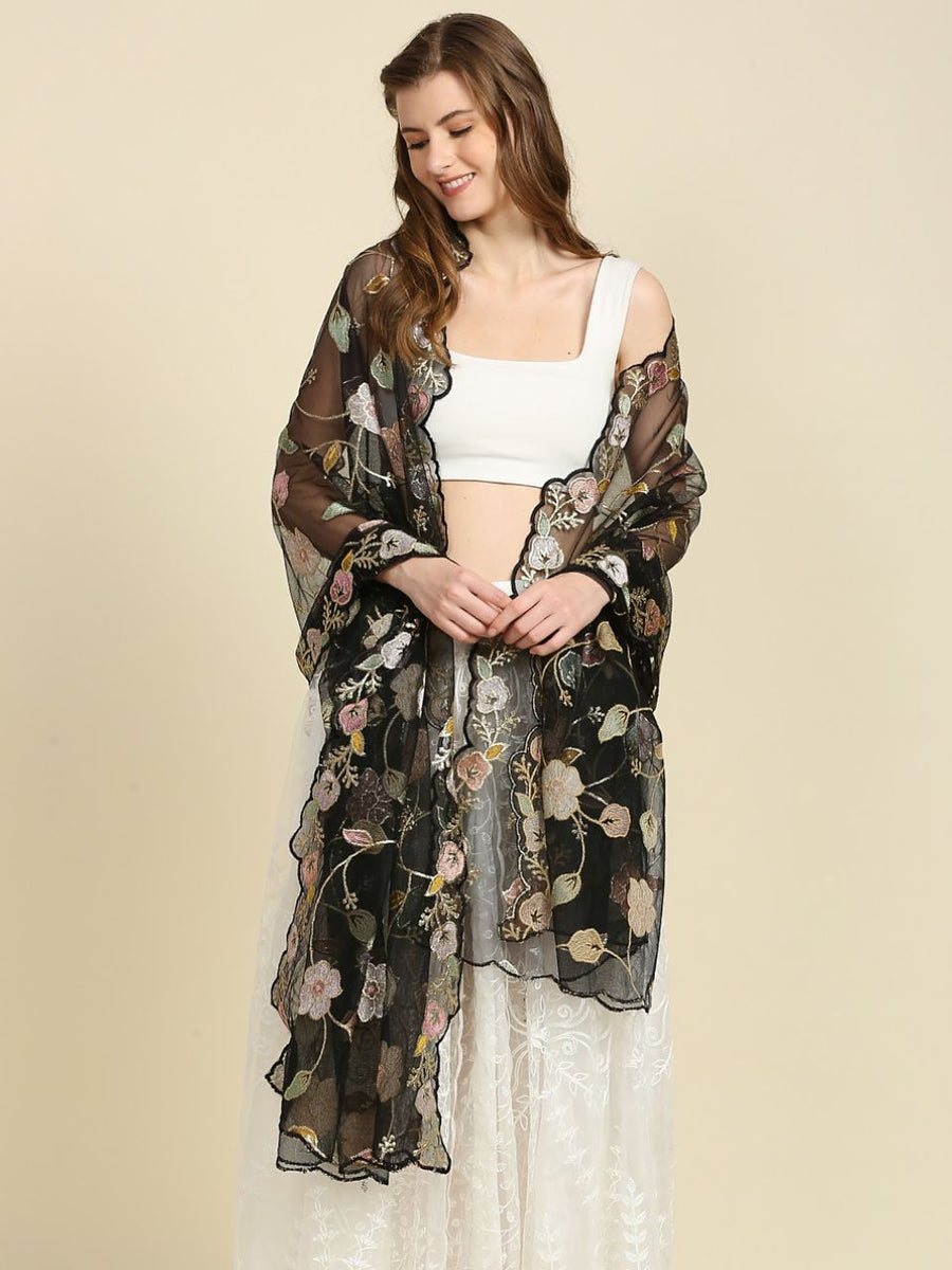 Floral Embroidered Black Net Dupatta With Cutwork Border – Dupatta Bazaar