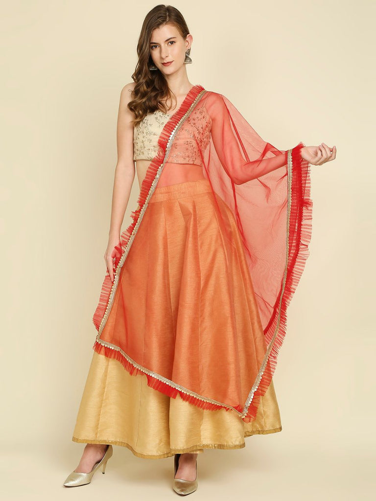 Embellished Red Net Dupatta with Ruffle Lace – Dupatta Bazaar