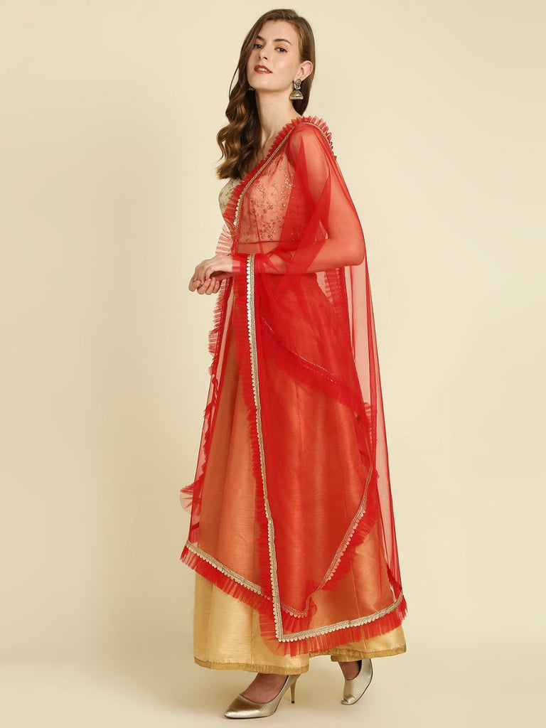 Embellished Red Net Dupatta with Ruffle Lace – Dupatta Bazaar