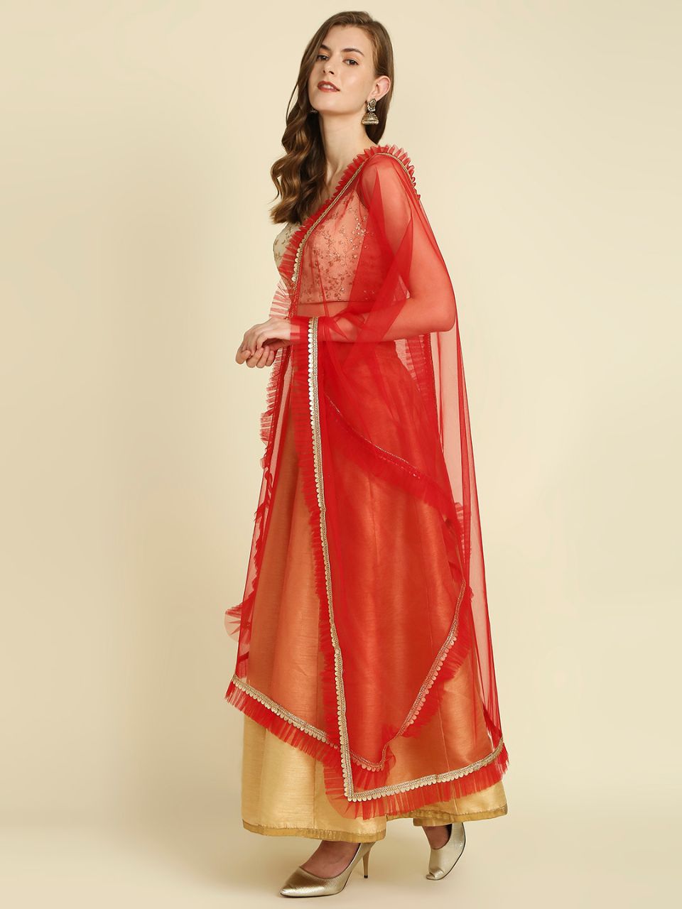 Embellished Red Net Dupatta with Ruffle Lace – Dupatta Bazaar