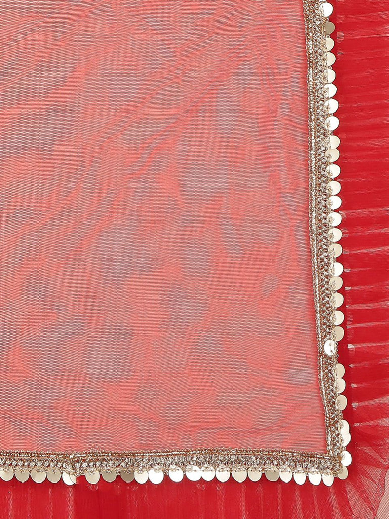 Embellished Red Net Dupatta with Ruffle Lace – Dupatta Bazaar