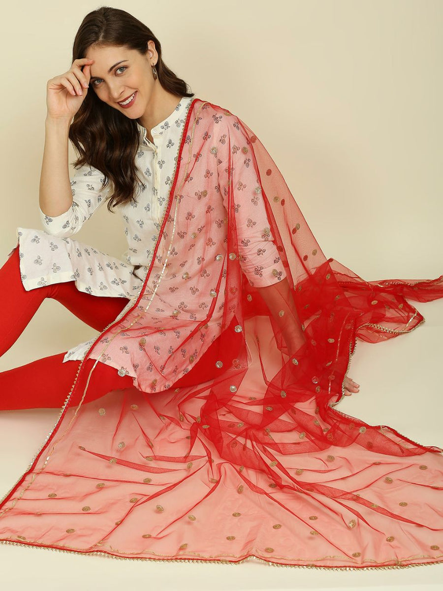 Red Net Dupatta with Sequins Motifs – Dupatta Bazaar