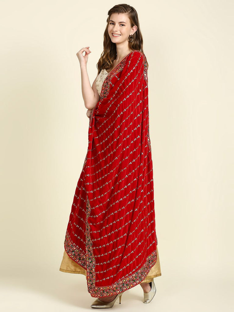 Multicolour Embroidered Red Velvet Dupatta – Dupatta Bazaar