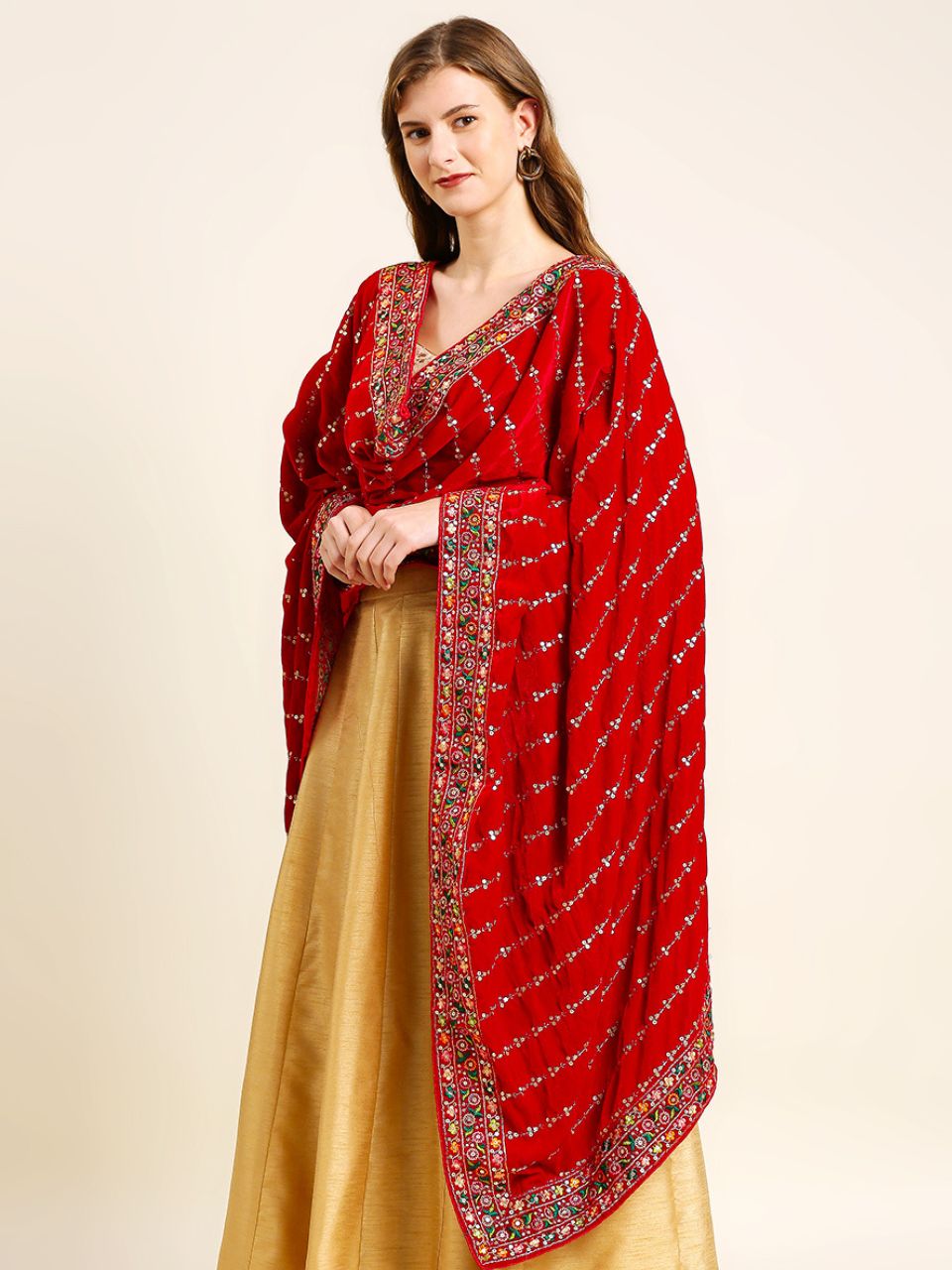Multicolour Embroidered Red Velvet Dupatta – Dupatta Bazaar