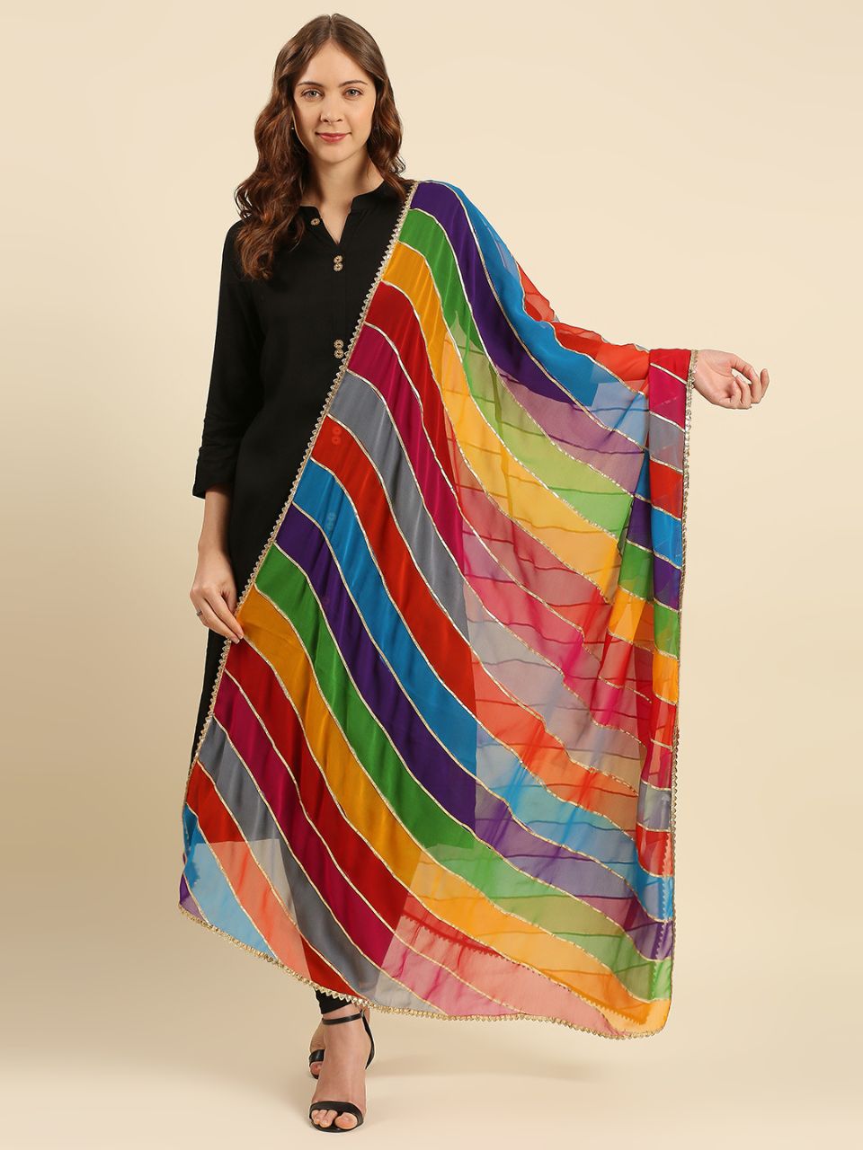 Georgette dupatta with Multi Colour Stripes and Gotta Patti border ...